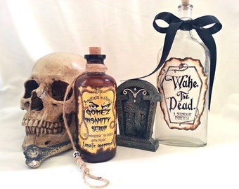 MORTICIA and GOMEZ potion poison bottle props ADDAMS Family Halloween ...