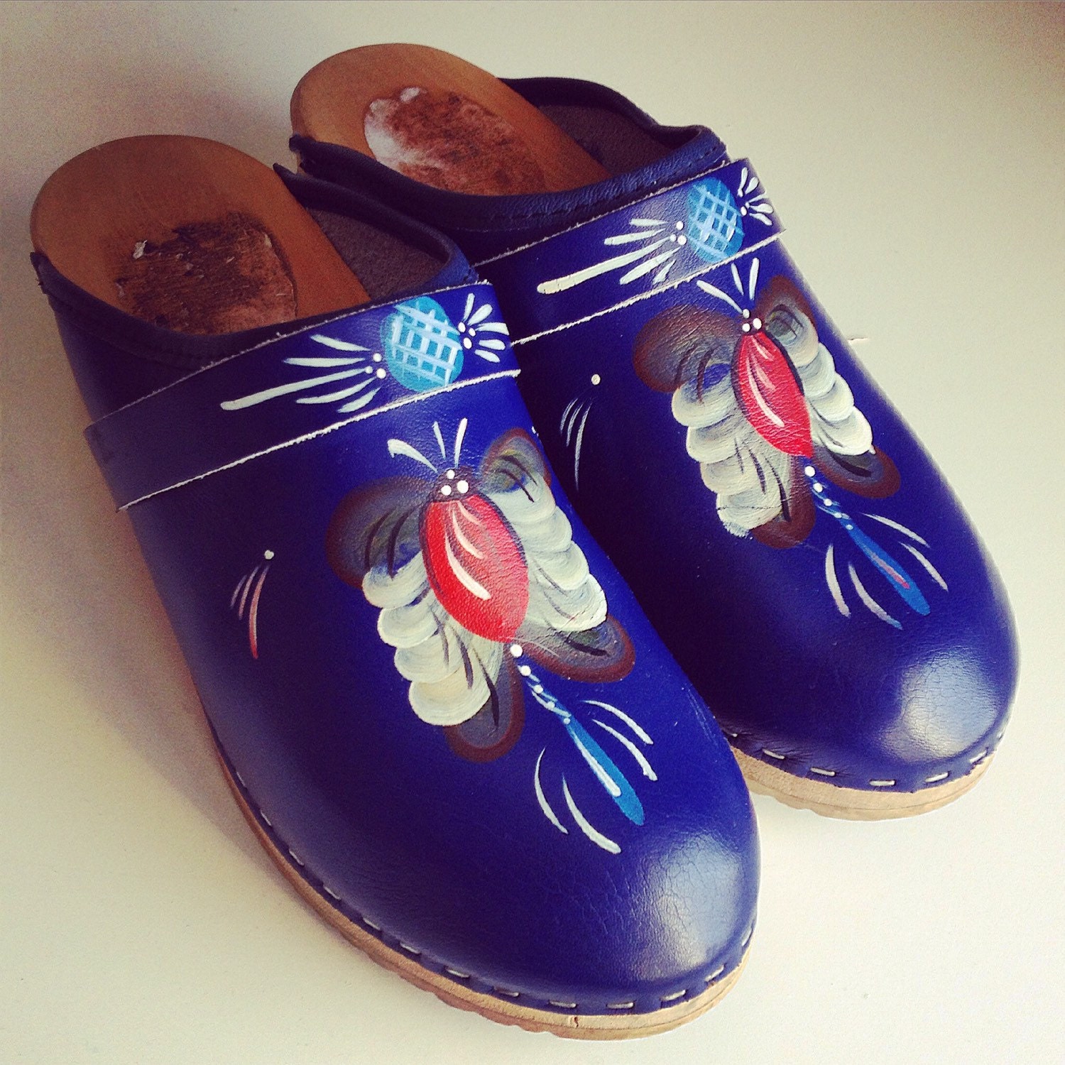 Vintage Clogs Blue Rosemaling Scandinavian Swedish Traditional