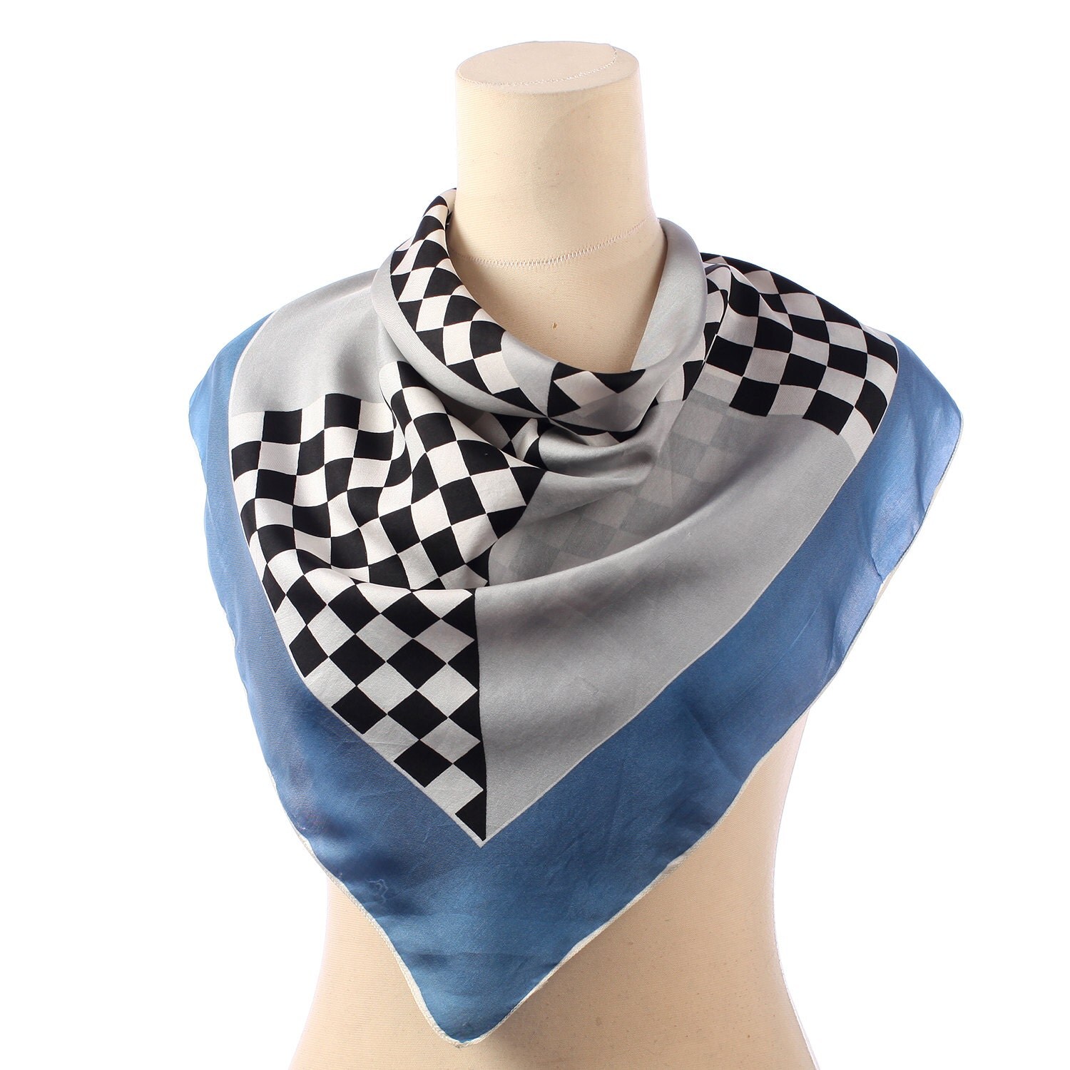Blue SILK Women Scarf . CHESS PRINTED Head Scarf 60s Metallic Grey Blue ...