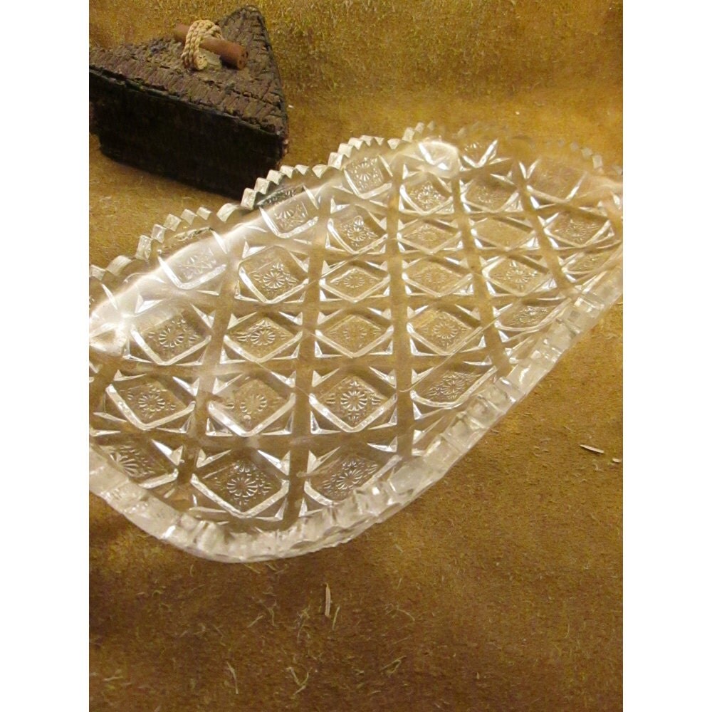 Vintage Geometric Pressed Glass Dish with Lattice Floral Design ...