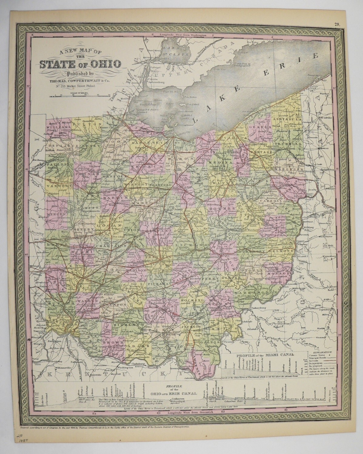 Antique Ohio Map 1855 Mitchell Map of Ohio State 1st