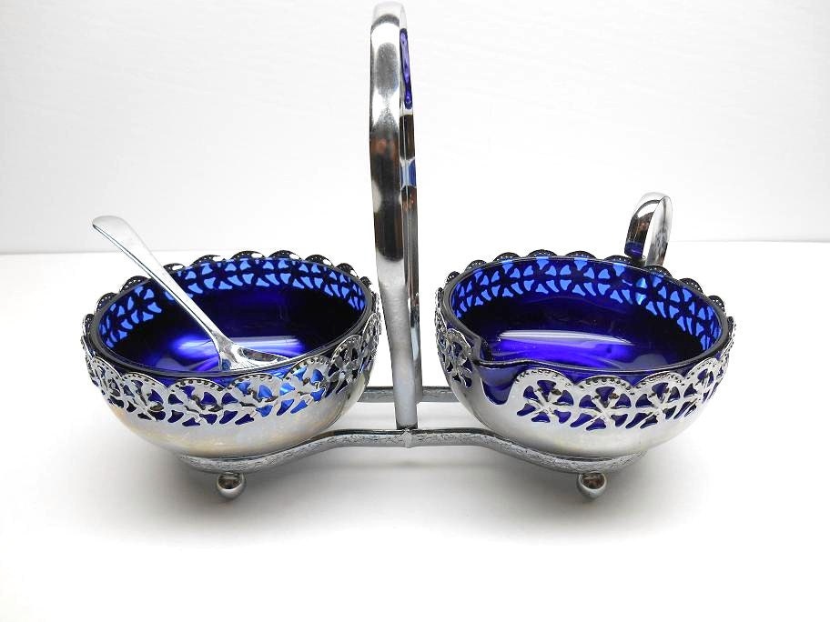 Vintage Blue Glass Cream and Sugar Set with Caddy – Haute Juice