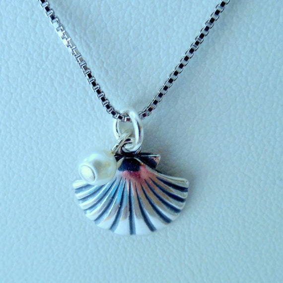 Sterling Silver Clam Shell and Pearl Necklace by KateRogersJewelry Sterling Silver Clam Shell and Pearl Necklace by KateRogersJewelry