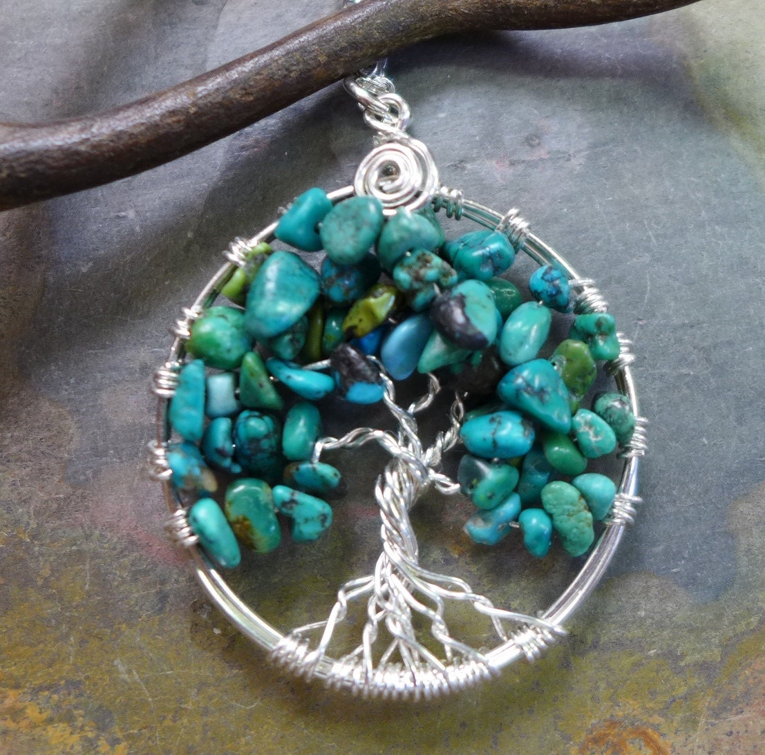 Petite-Mini-Small Turquoise Tree of Life Pendant with .925
