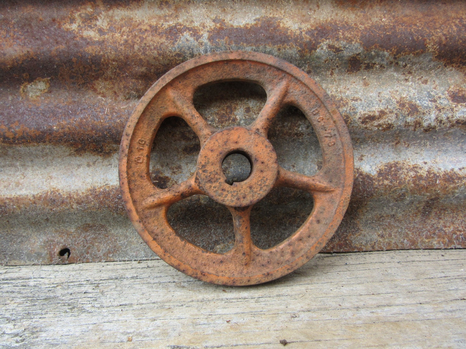 Antique Iron Wheel Industrial Painted Chippy Orange VTG Aged Rust ...