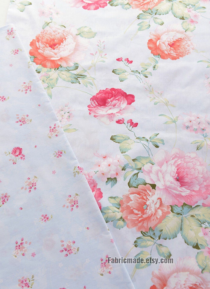 Shabby Chic Pink Peony Floral Cotton Fabric On Light Blue