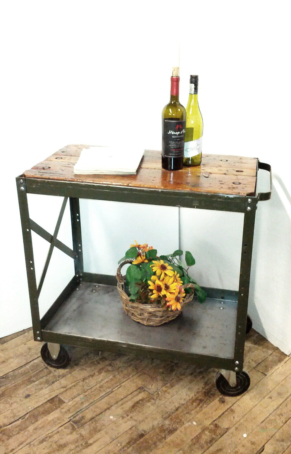 Bar Cart Steampunk Green Metal Industrial Cart Weathered Wood Counter ...