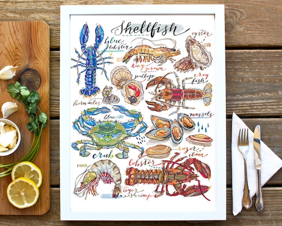 Shellfish illustration. Seafood print. Kitchen decor. Fish