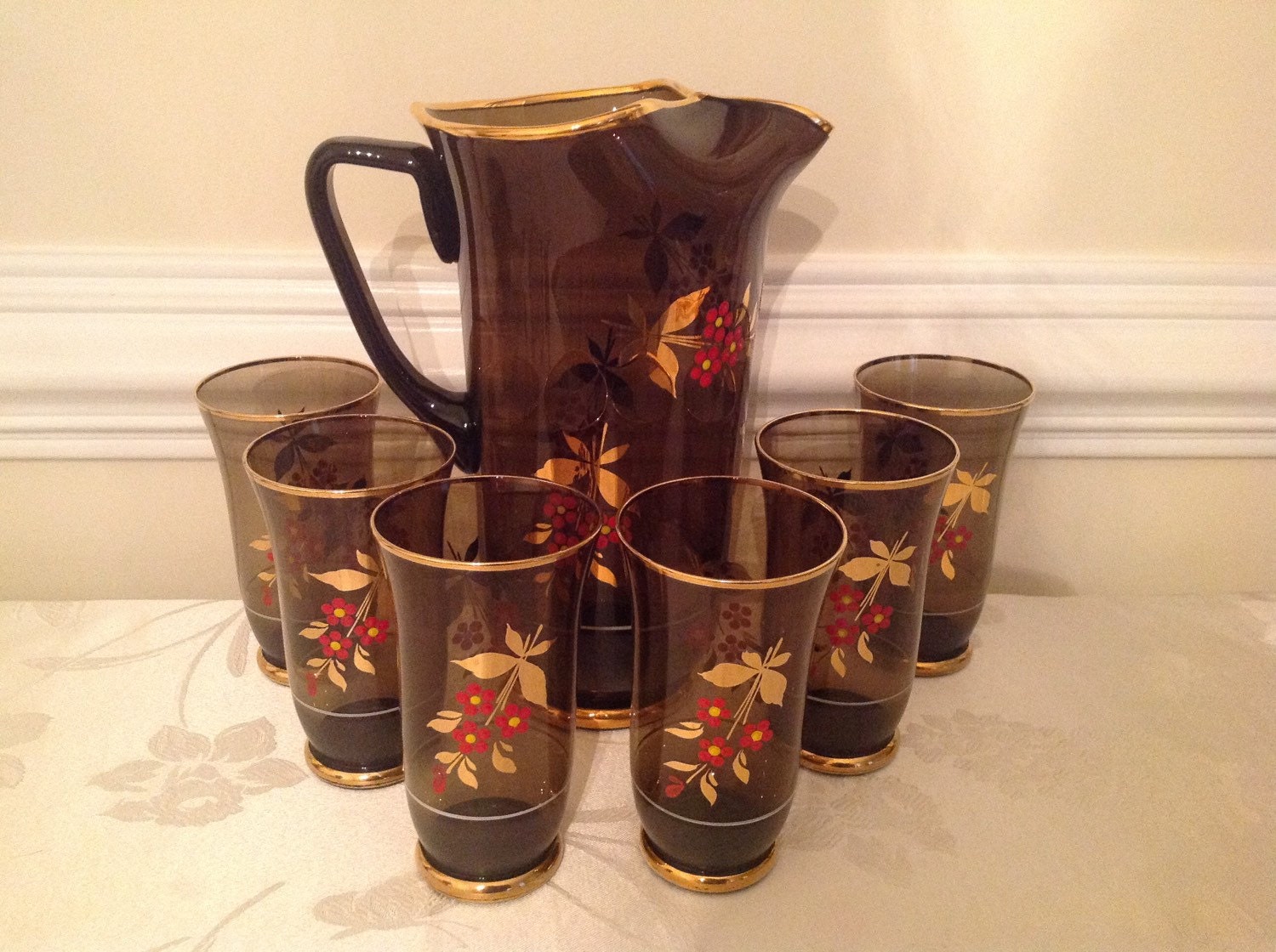 Hungarian Crystal Arcadia Hand Painted Smoked Crystal Pitcher and ...