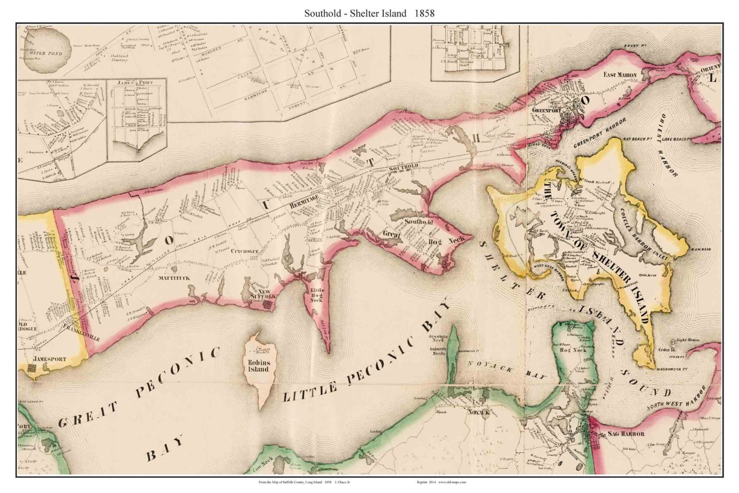 Southold Shelter Island New York 1858 map Suffolk Co.