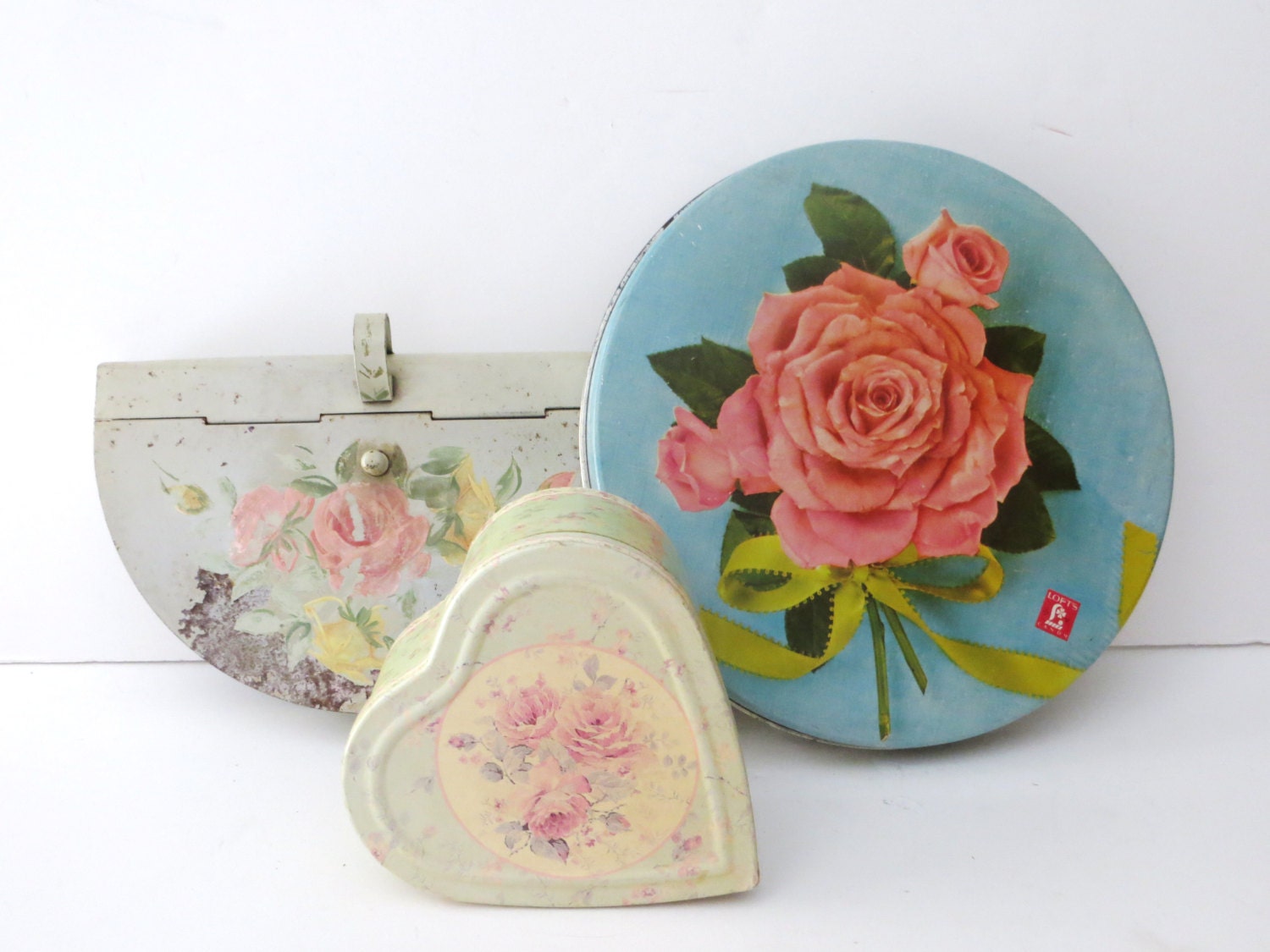 vintage set of three metal tins, floral tin boxes, Lofts rose candy tin ...