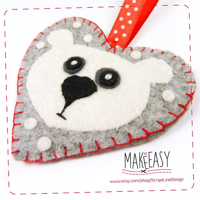 Felt pattern and Tutorial DIY Polar bear head in Heart