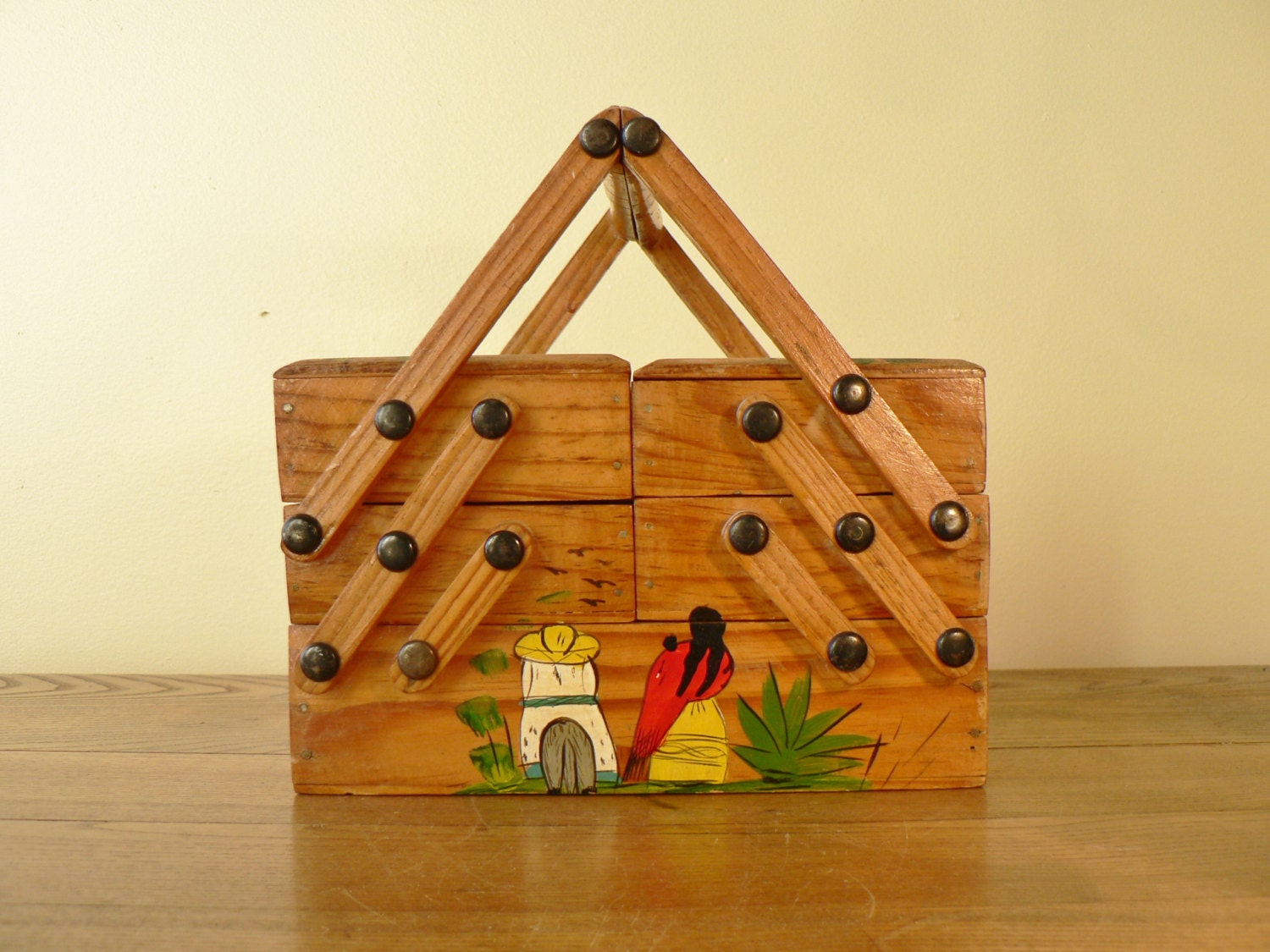Mexican sewing box, Mexican folk art, Sewing box, wood purse, Primitive ...