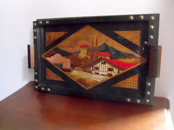 Wood serving tray Vintage French / Spanish Basque region artisan hand ...
