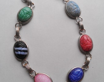 Vintage Silver Tone Scarab Bracelet, Six Craved Different Colors ...