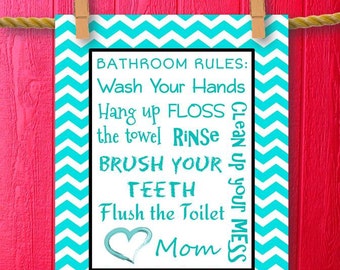 Turquoise Chevron Bathroom Art Decor Kids Bathroom Rules Accessories ...