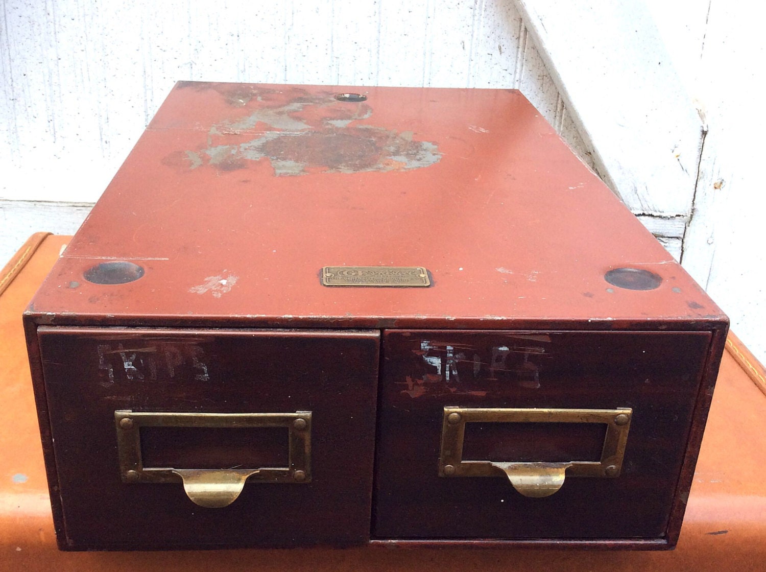 Vintage GF Allsteel Red index Card File Cabinet With Brass Handles And ...