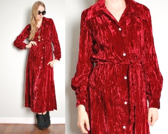 vintage 60s dress duster jacket oxblood red crushed velvet goth maxi ...