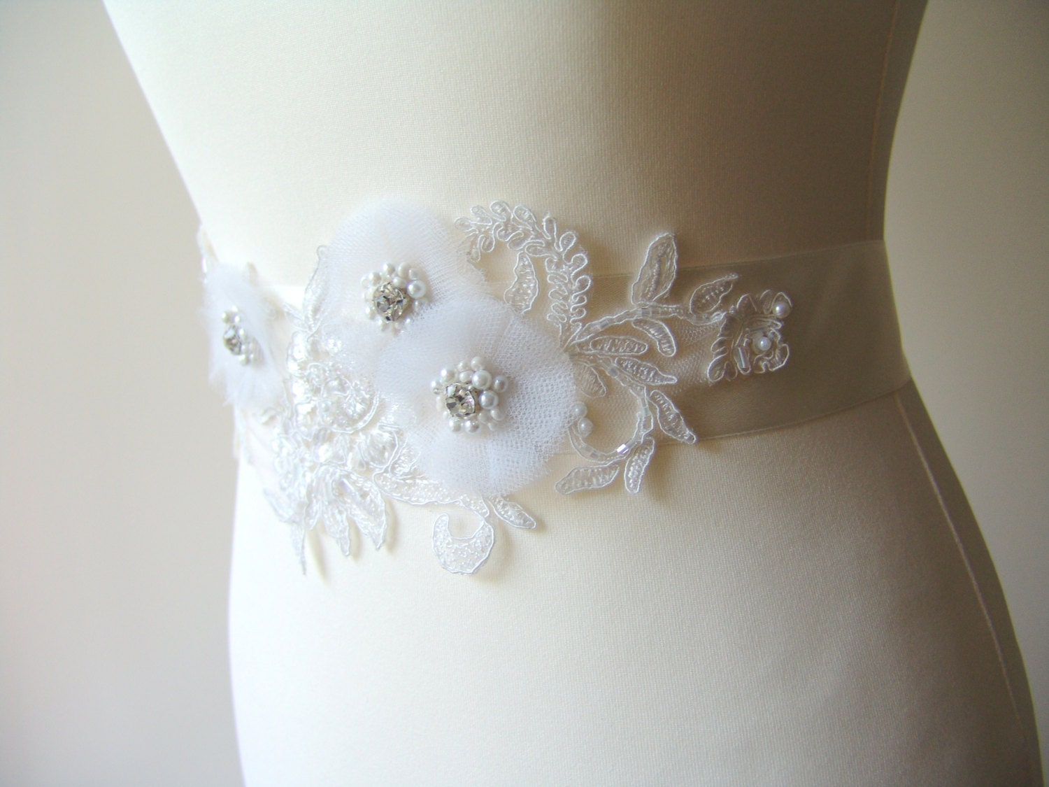 White Sash With White Flowers Bridal Belt Tulle by AEAaccessories