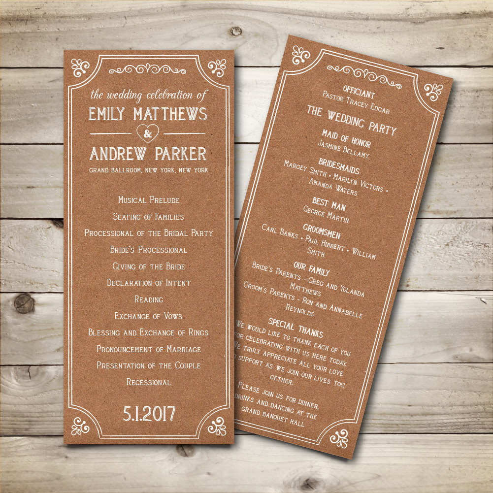 Printable Wedding Program Template – Vintage Style Program – Brown ...