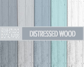 Wood Digital Paper: "DISTRESSED WOOD" in Blue, Aqua, Gray, and White ...