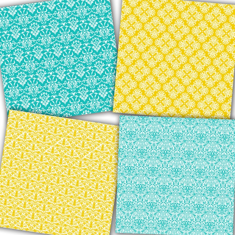 Damask Digital Paper: Turquoise and Yellow Damask by Lunabludesign
