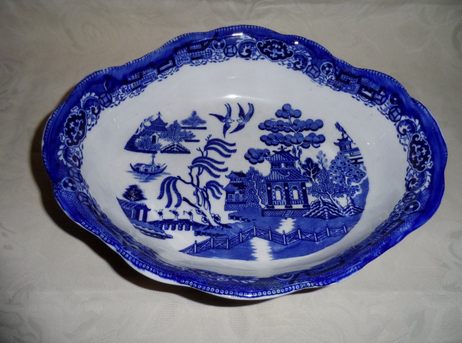 Antique flow blue – Victorian willow pattern bowl transfer printed blue ...