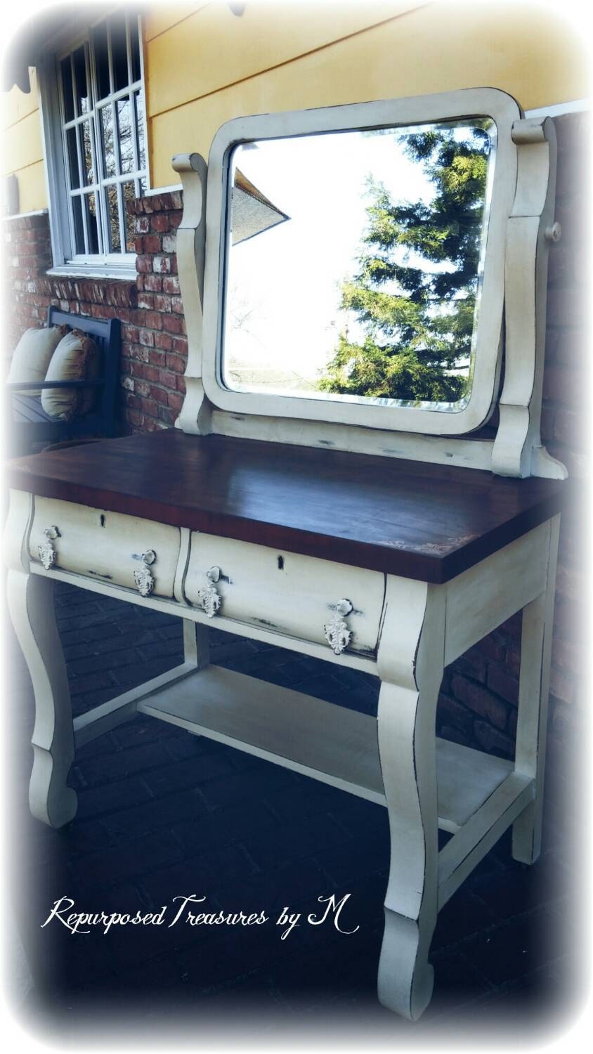 SOLD SOLD Antique vanity and mirror, antique desk, stenciled distressed ...