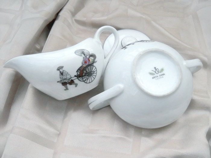 Vintage Japanese Arita China Creamer and Sugar Bowl Rickshaw & Geisha ...
