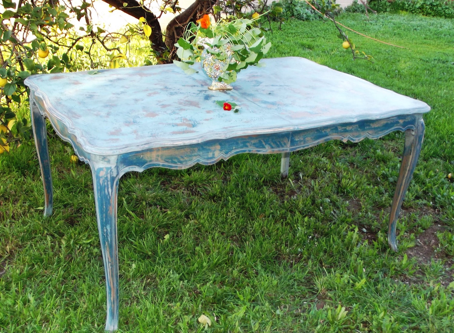 Vintage French Provincial Dining Table Painted Blue and Turquoise ...