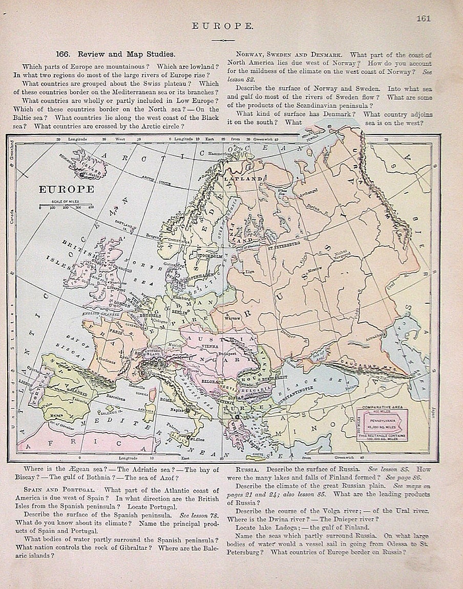 1895 Antique Map Map of Europe Vintage Book Page 12 x 10