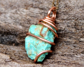 Raw Turquoise Necklace - Wire Wrapped Stone Jewelry - Rough Natural ...