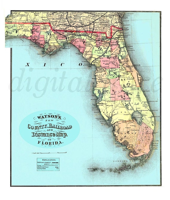 VINTAGE FLORIDA MAP 1885 Instant Download Digital Printable