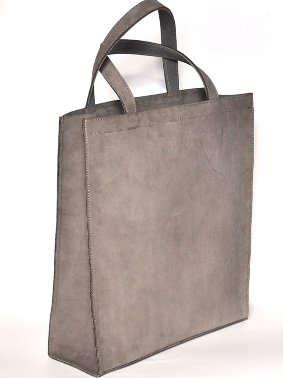 Items similar to Large leather shopper / Large tote bag / Gray nubuck ...