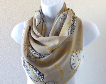 Chiffon Vintage Clock and Pocket Watch printed scarf, Fashion Scarf, Gift