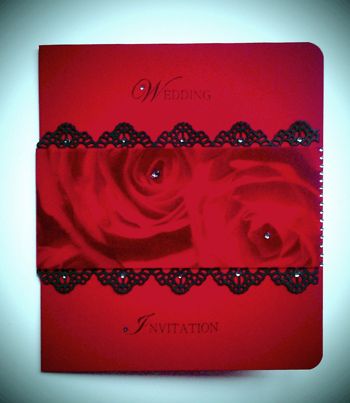 Wedding Invitation Red Rose, Black Lace & Diamanté Bespoke Hand Made ...
