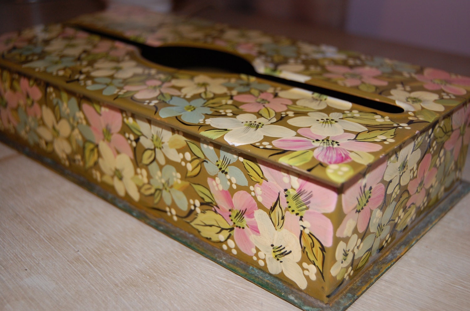 Vintage Metal Tissue Box Cover Hand Painted with Flowers Mid Century ...