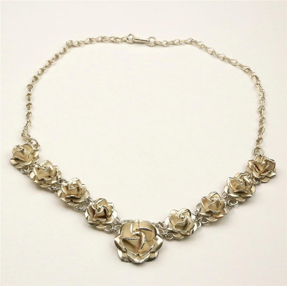 Vintage Taxco Mexico Sterling Silver Rose Necklace Flowers