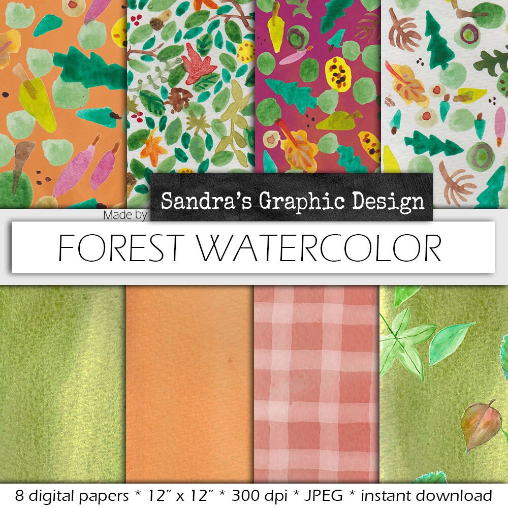 Watercolor digital paper: “FOREST WATERCOLOR” with hand painted ...