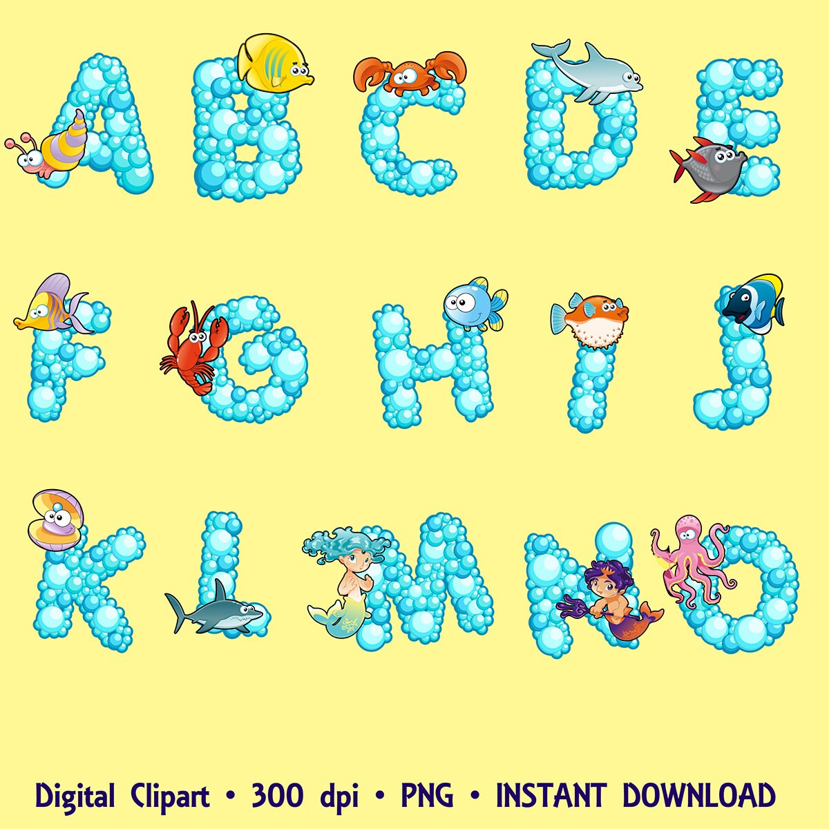 Alphabet Digital Clipart Fonts ABC Images Bubbles Sea Animals