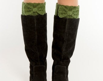 Olive Green Bow Boot Cuffs, Boot Topper, Crocheted, Knit, Handmade ...