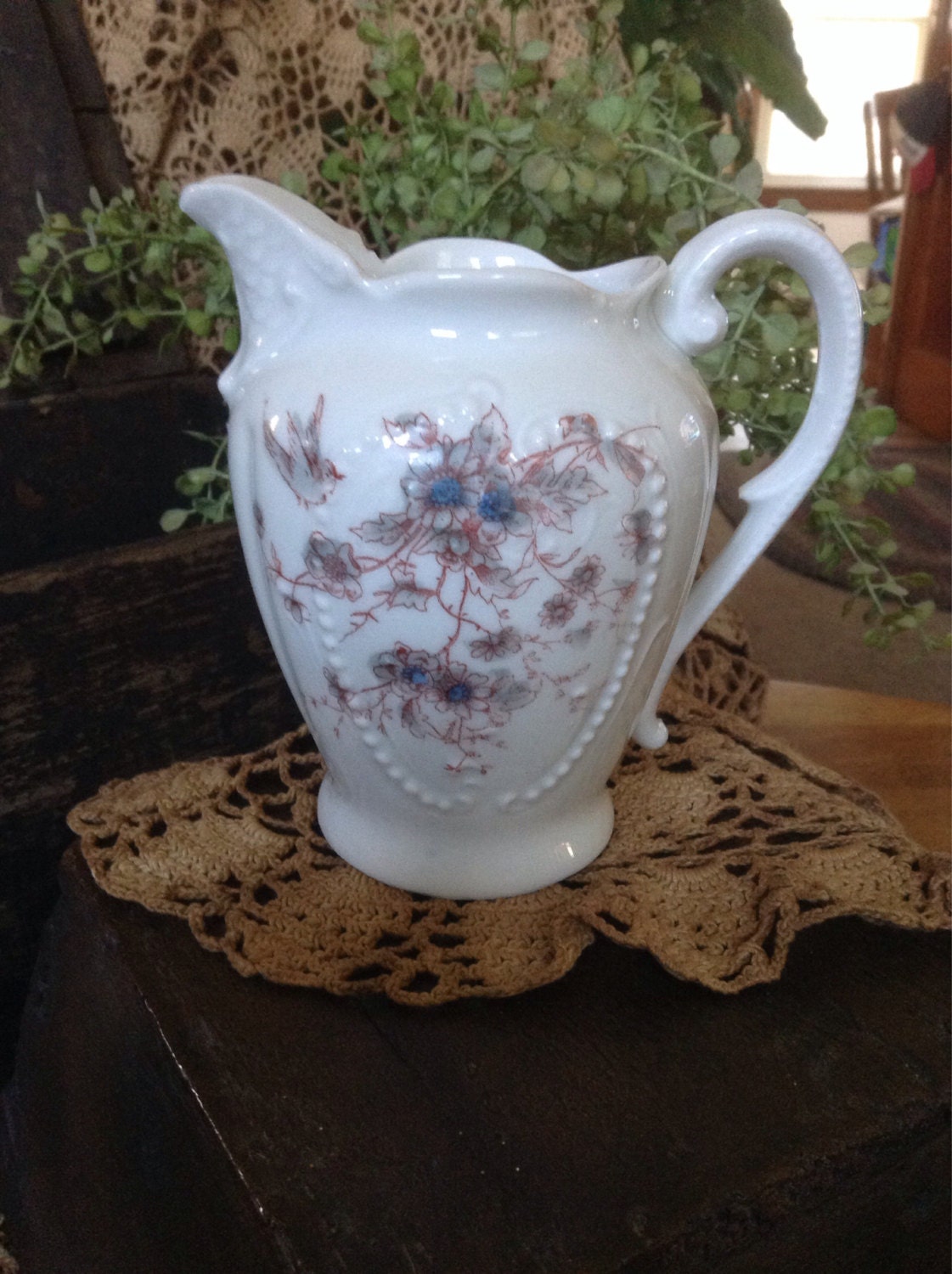 Small white pitcher with floral and bluebird motif – Haute Juice