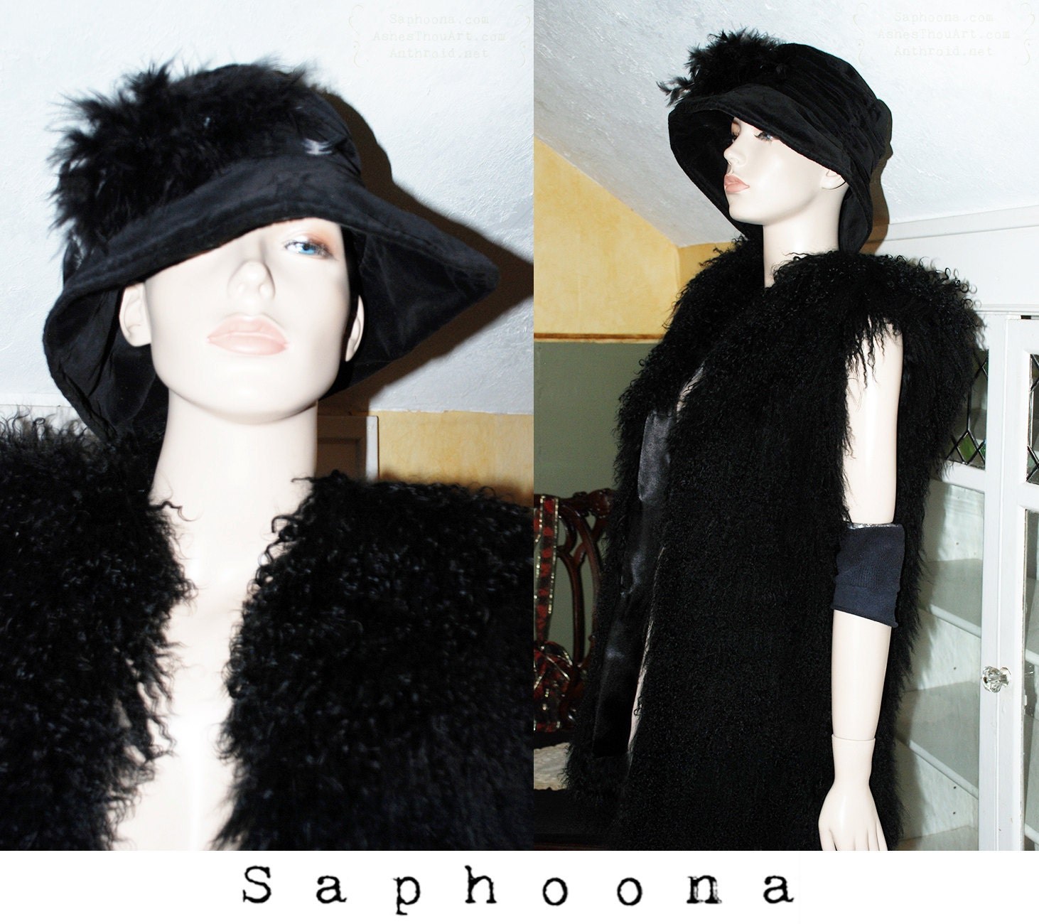 vintage 80s 20s black velvet Gothic mourning hat Dr Suess floppy ...