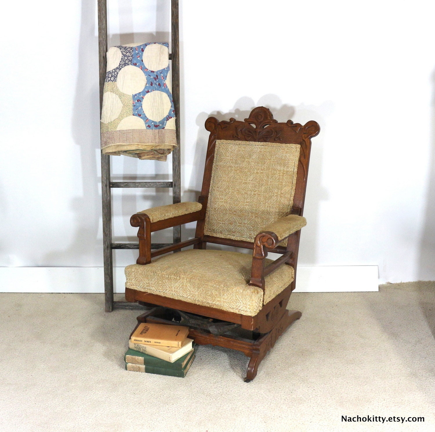 1880s Rocking Chair, Upholstered Slide Rocker, Pale Yellow, Victorian ...