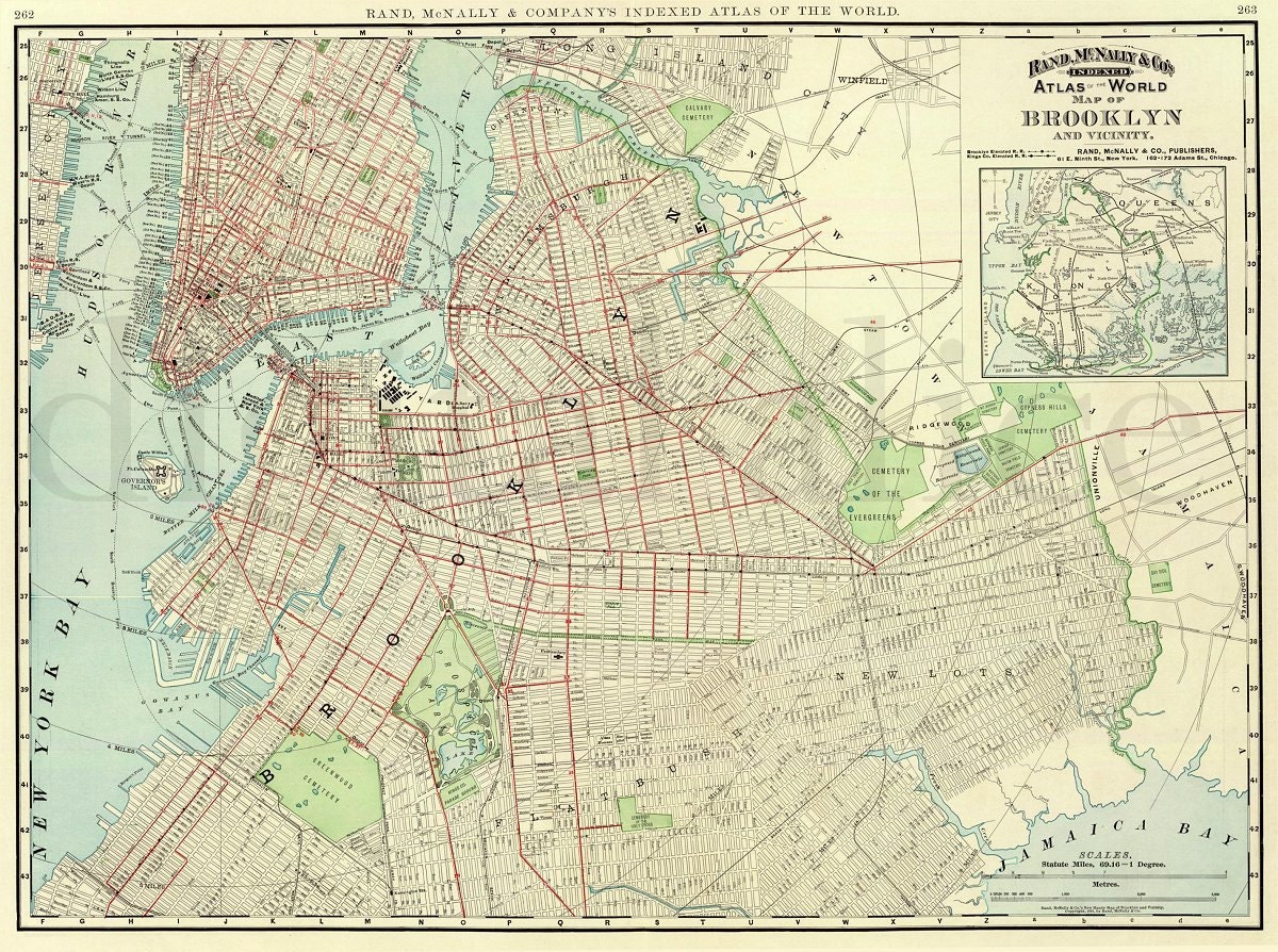 Vintage BROOKLYN MAP Old Map 1891 Brooklyn NY Colorful