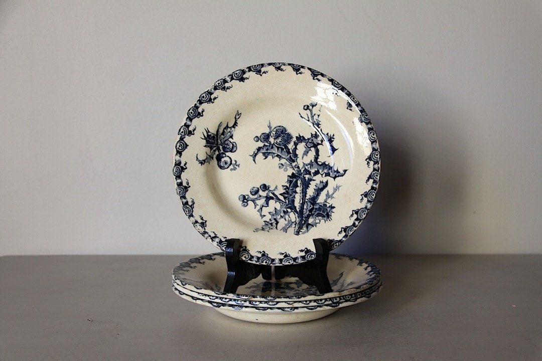 Antique French Faience Transferware Bowl Tea Stained Gien Chardons with ...