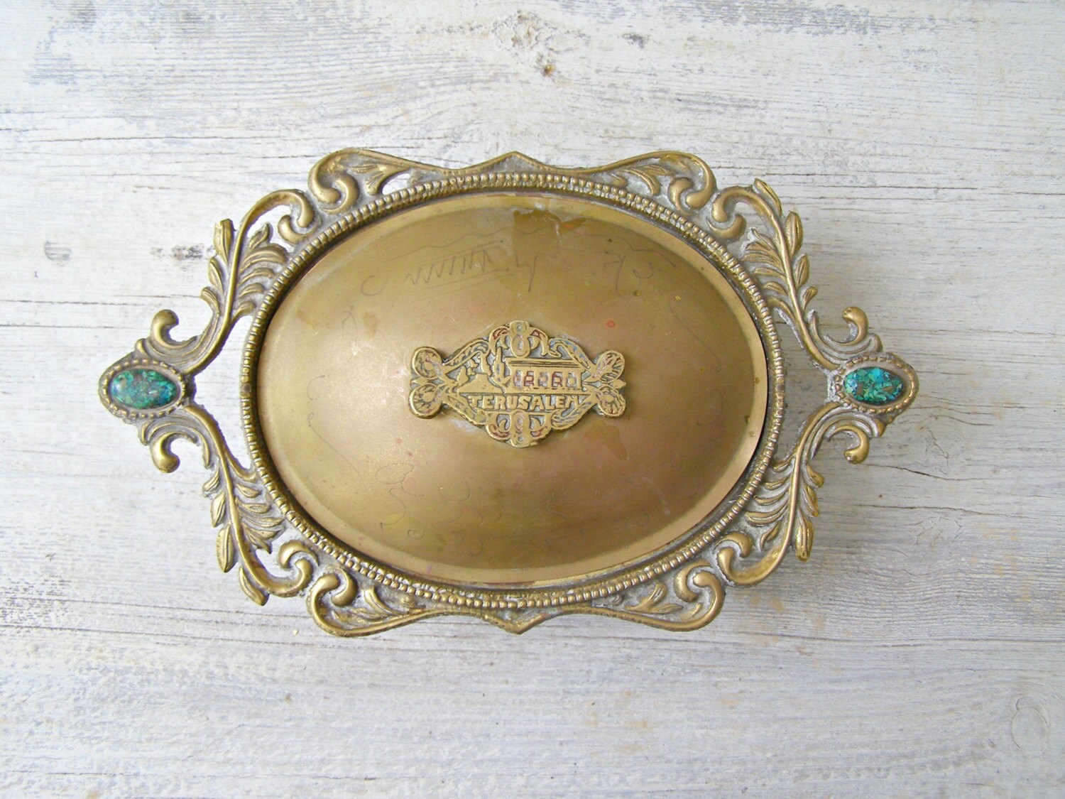 Antique Serving Dish JERUSALEM Lidded Brass Oval Footed Ornate Candy ...