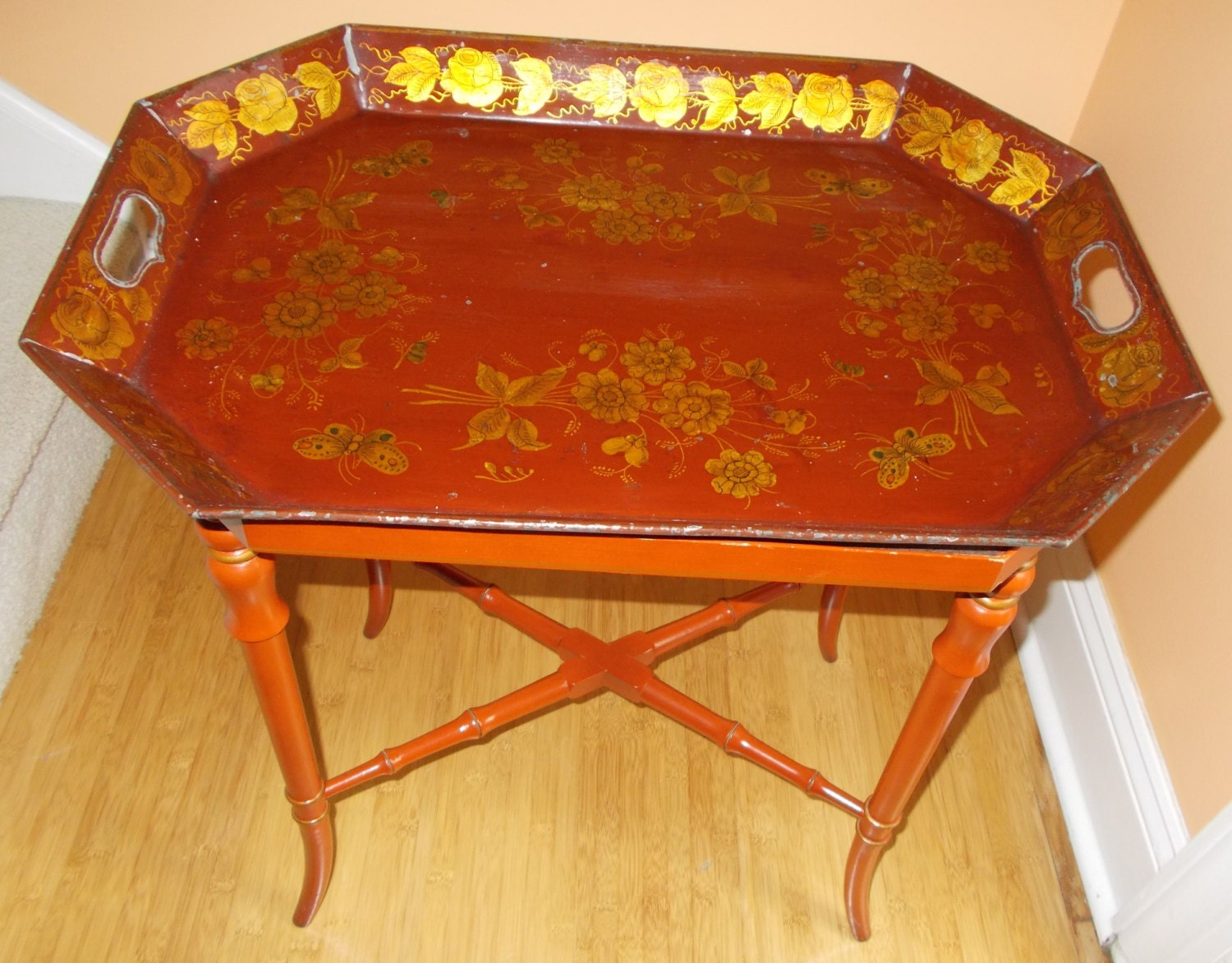 Antique Tole Red Coffee Tray With Custom Table Stand – Haute Juice
