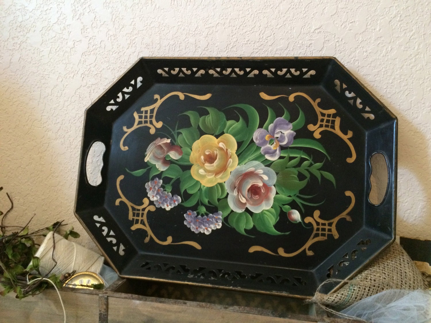 Beautiful Italian Tole Floral Vintage Tole Tray/Black Tray/ Black ...