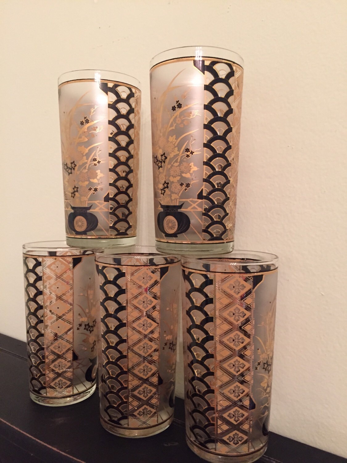 Vintage BLACK and GOLD GLASSWARE Tumblers Hollywood Regency Four Plus ...